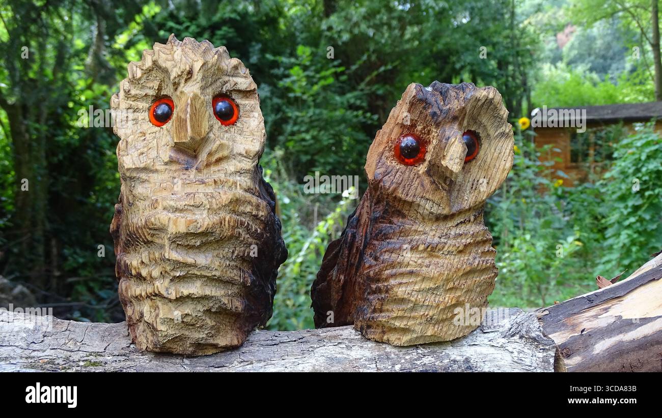 Wooden Owls Craftmanship in the German Forest Stock Photo - Alamy