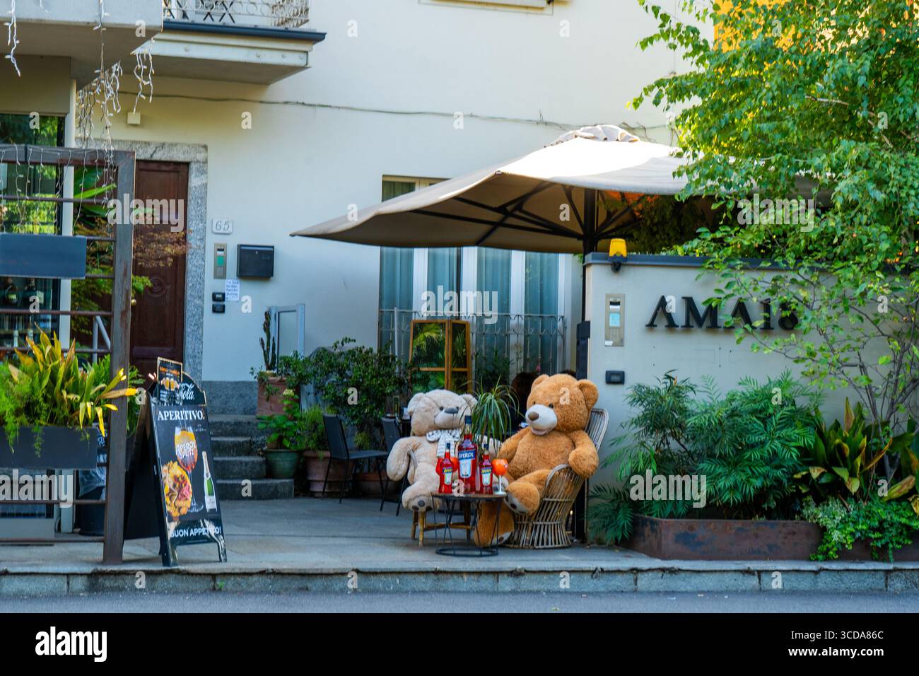 Two soft teddy bears sit at a table, drink Aperol in Italian street ...