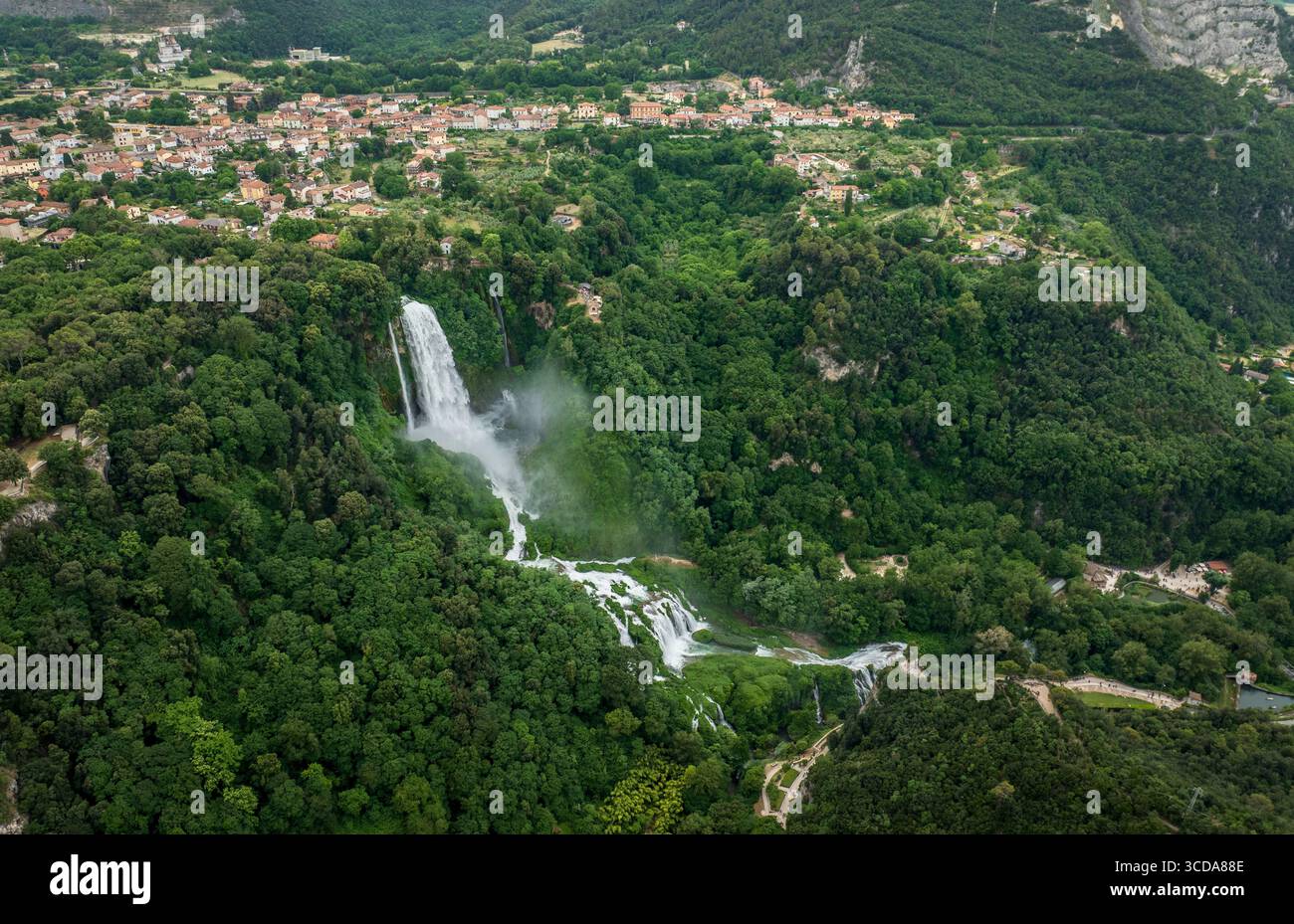 Aerial view of cascading white waters of Cascata delle Marmore plunging ...