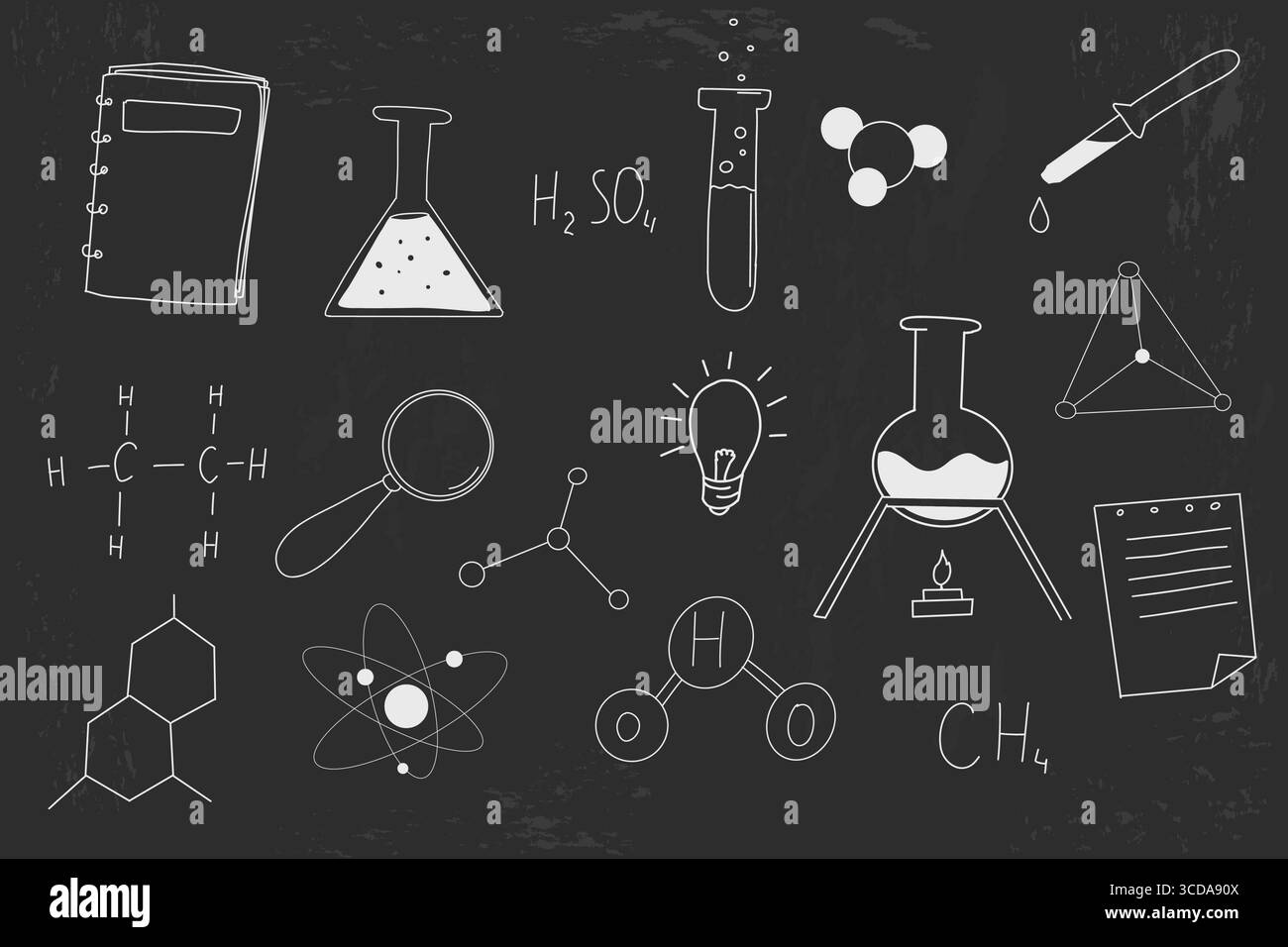Science doodle hand drawn elements on school blackboard chalk sketch ...