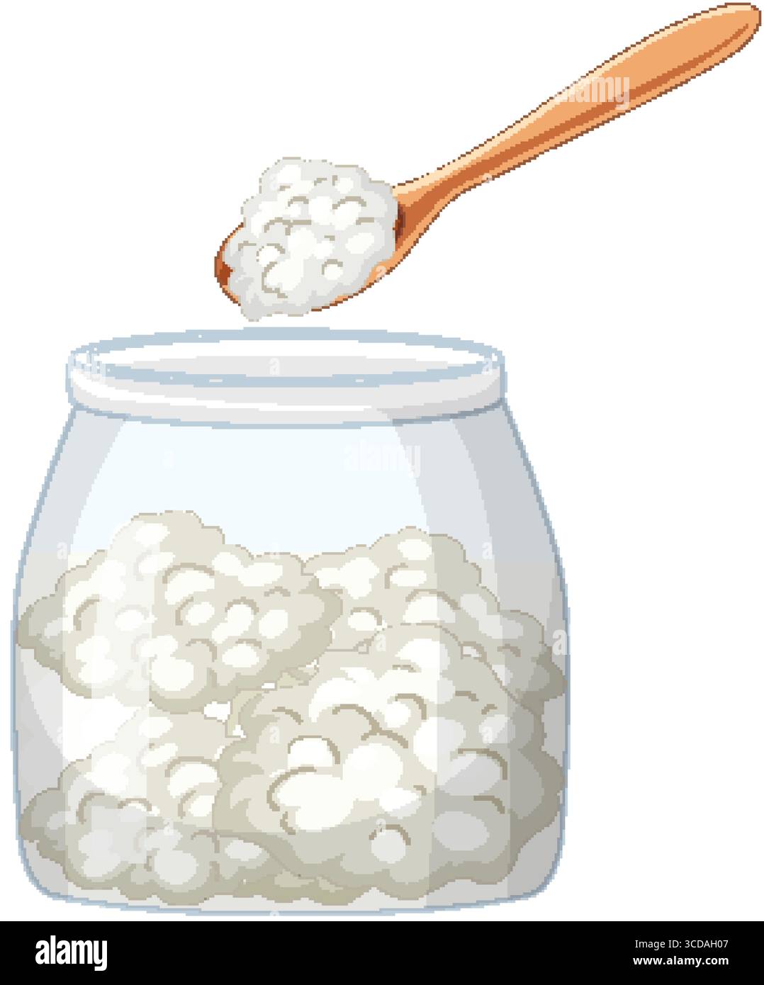 Vector illustration of a wooden spoon lifting cottage cheese from a ...