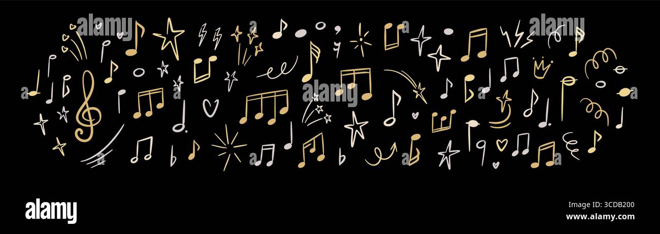 Handwriting golden and silver music notes, keys, symbols, sheet, treble ...