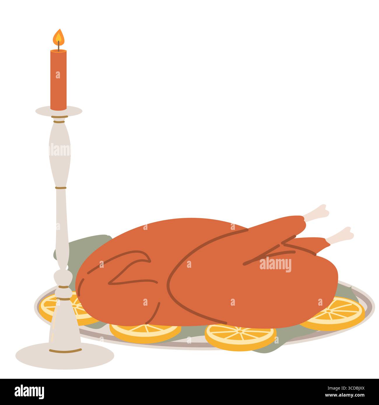 Roast turkey with orange slices and candle on festive table setting ...