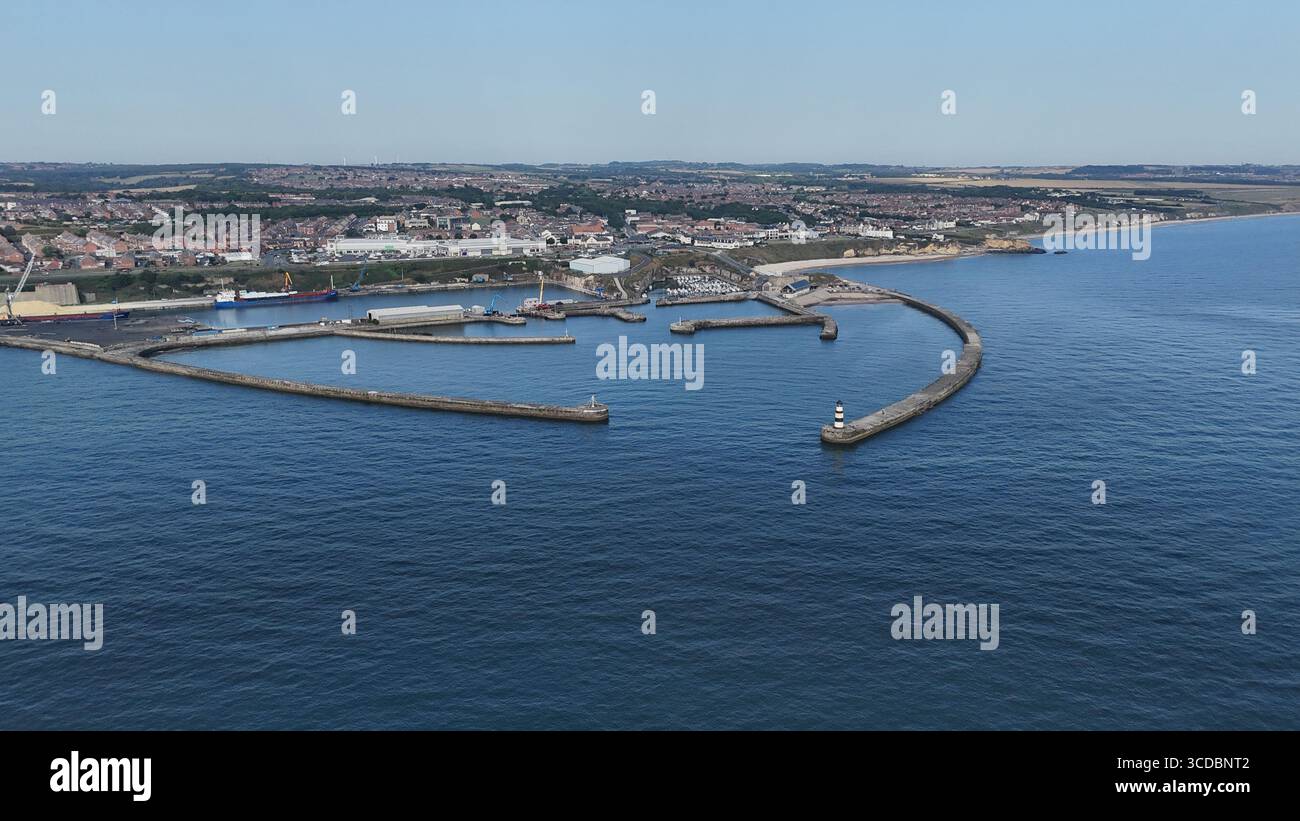 Aerial drone view of Seaham coastline, harbour and beaches, County ...