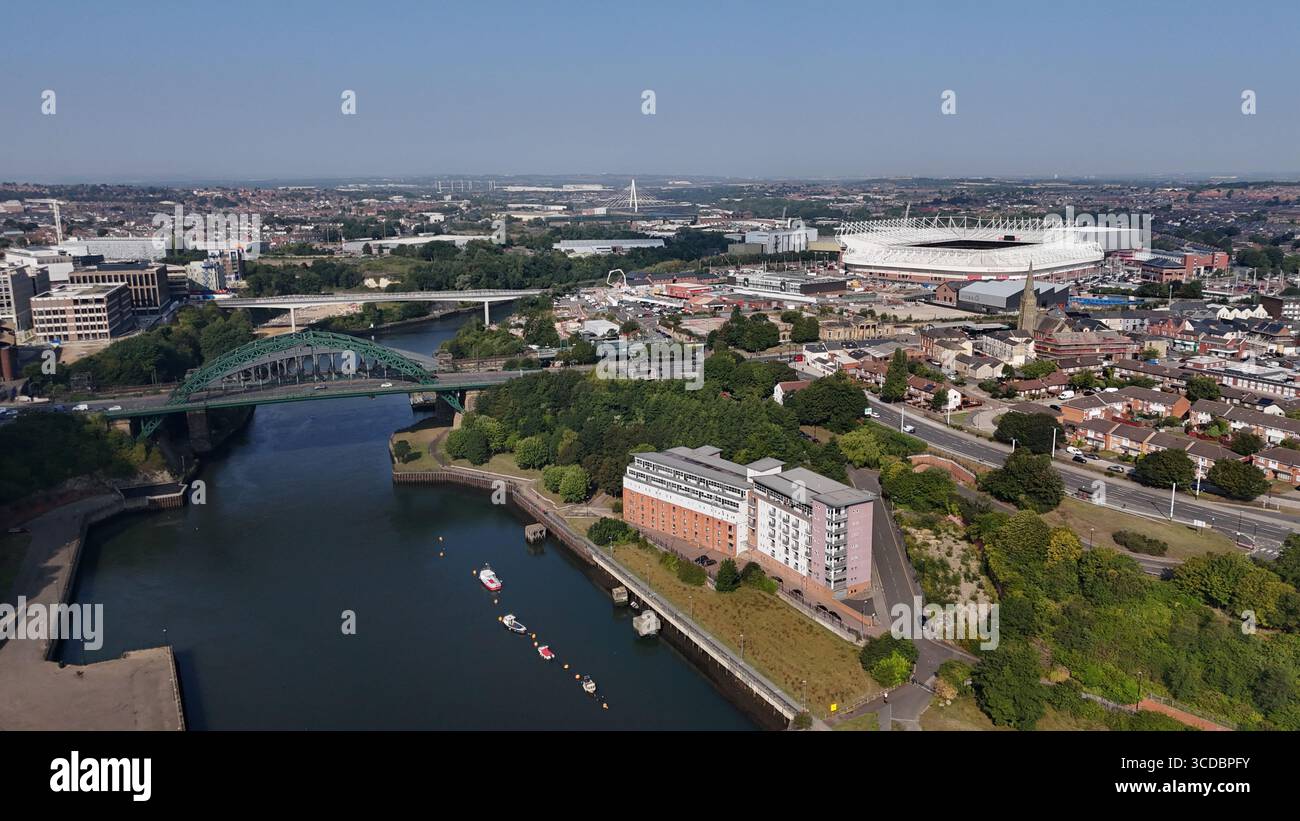 Aerial drone view of Sunderland city, coastline and River Wear, North ...