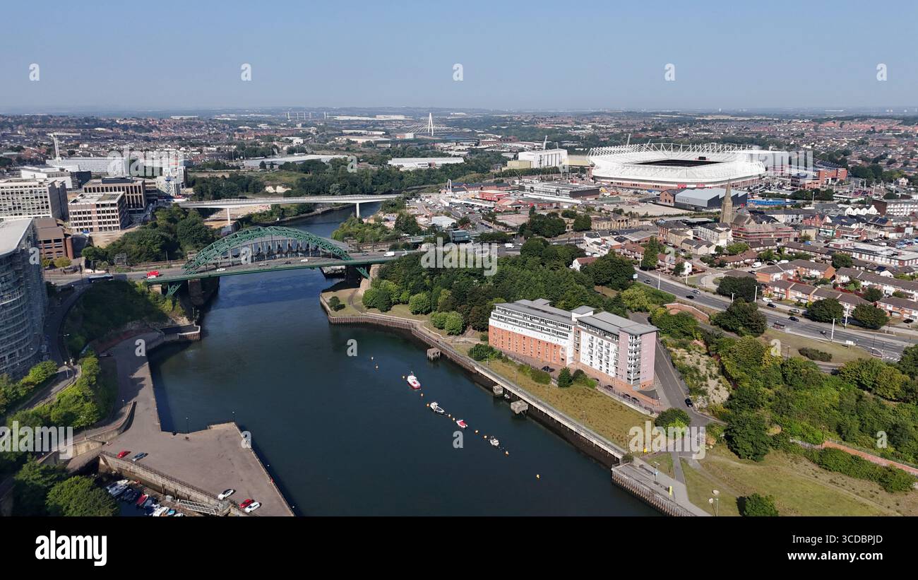 Aerial drone view of Sunderland city, coastline and River Wear, North ...