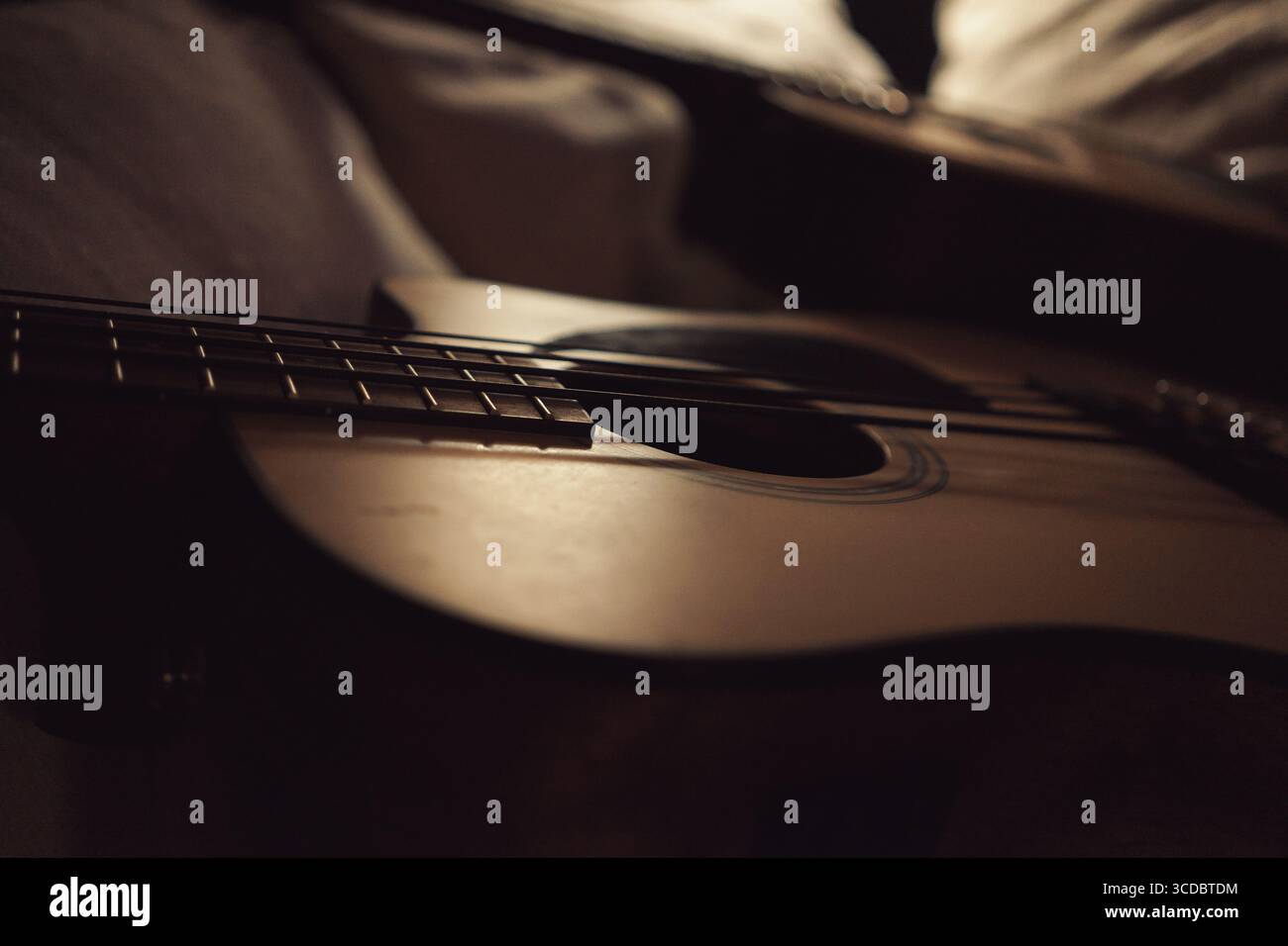Acoustic bass guitar in the dark, viewed from the side with the strings ...