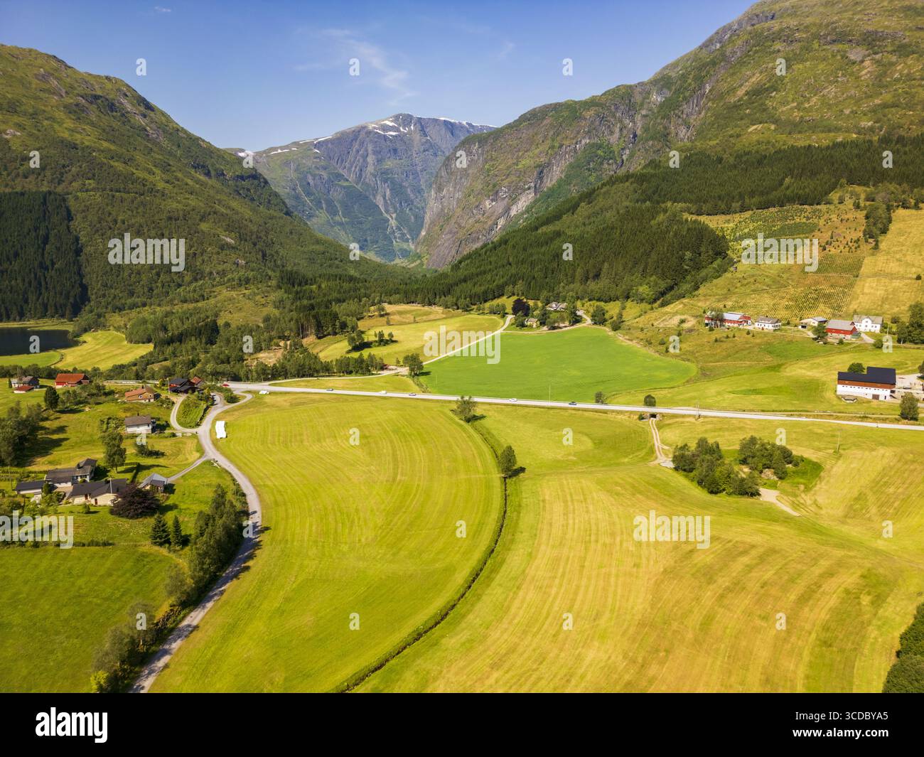 Aerial view of sun-drenched fields meet verdant forests nestled beneath ...