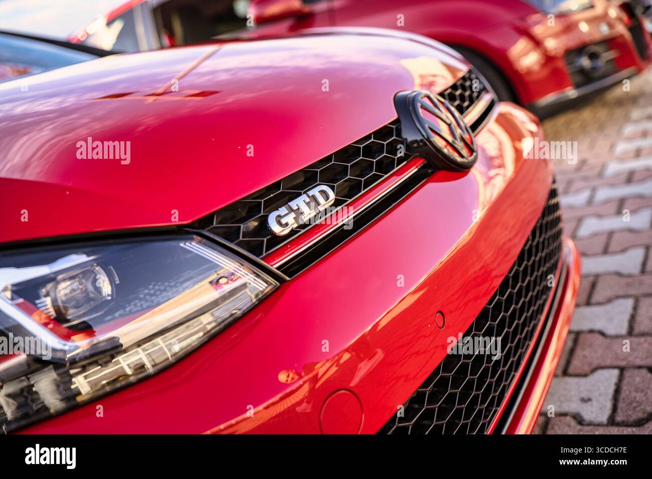 Rome, italy 18 july 2025, close up of the front of a red volkswagen ...