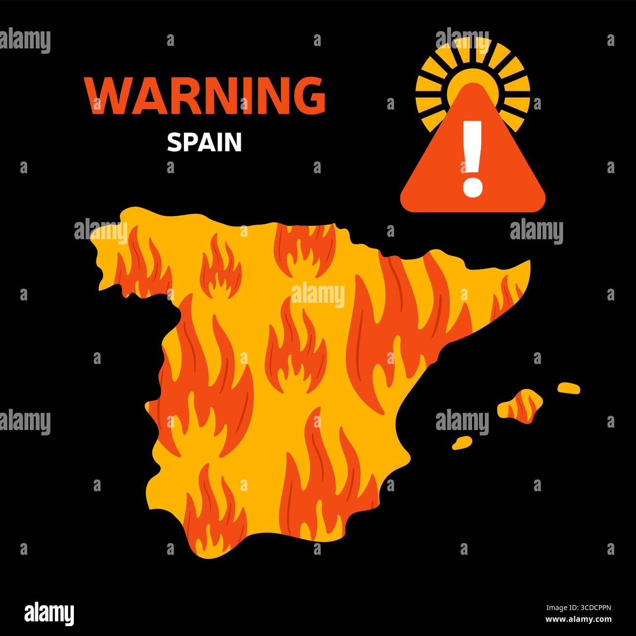 Warning wildfire in Spain vector illustration with map isolated on ...