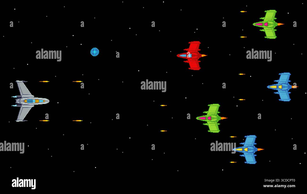 16-bit retro video game scene in pixel art style. Space battle with ...