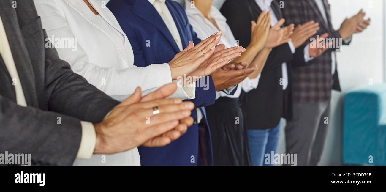 People in formal clothes clapping hands thanking coach for interesting ...