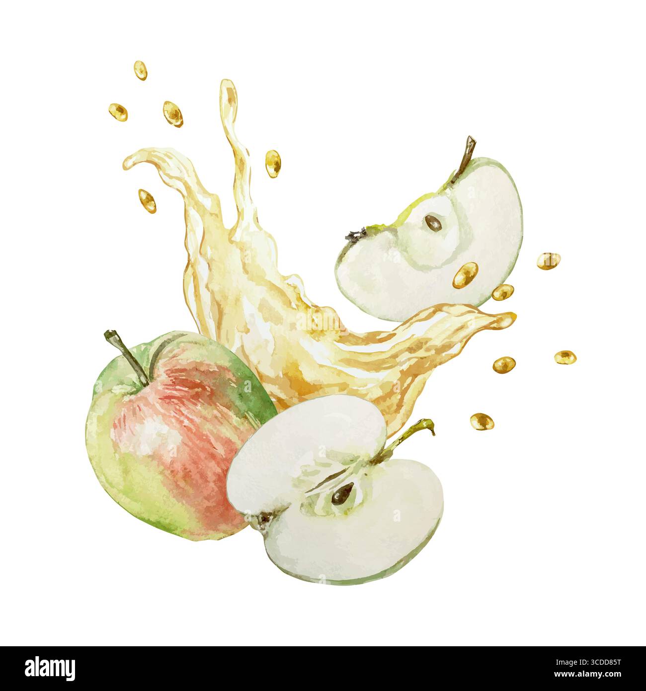 Apples whole and slices, juice splashes. Hand drawn watercolor clip art ...