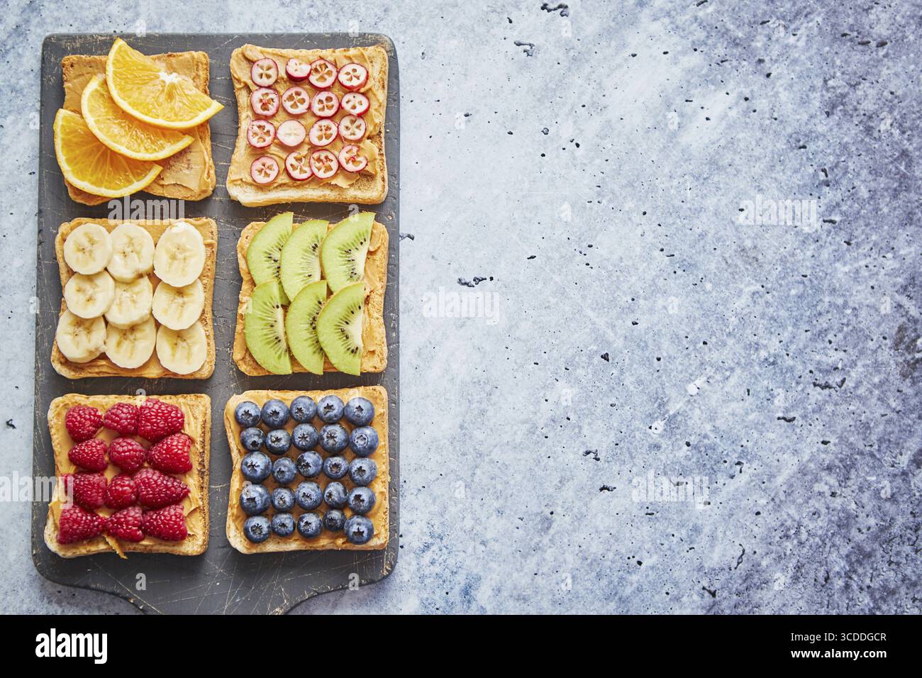 Six Healthy breakfast toasts. Wholegrain bread slices with peanut ...