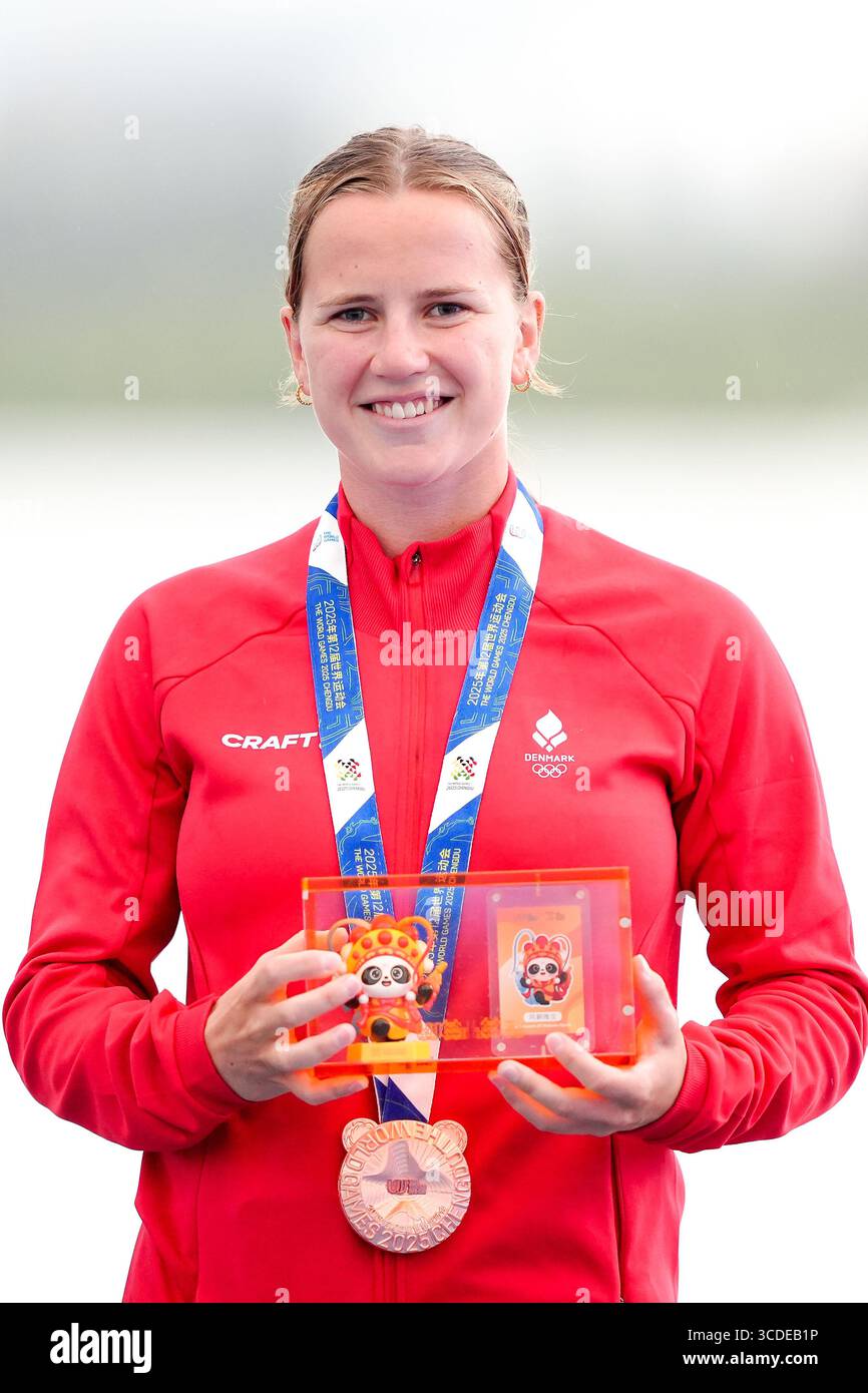 Pernille Hostrup from Denmark wins a bronze medal in the Women's K1 Long Distance Final in the ...