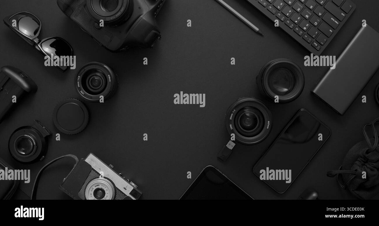 Photographer workspace concept. Various digital and analog gadgets ...