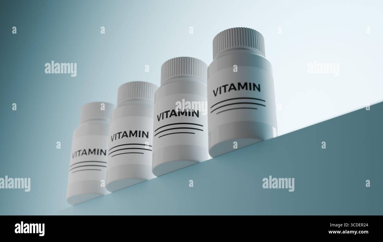 A row of white vitamin supplement bottles neatly arranged on a light ...