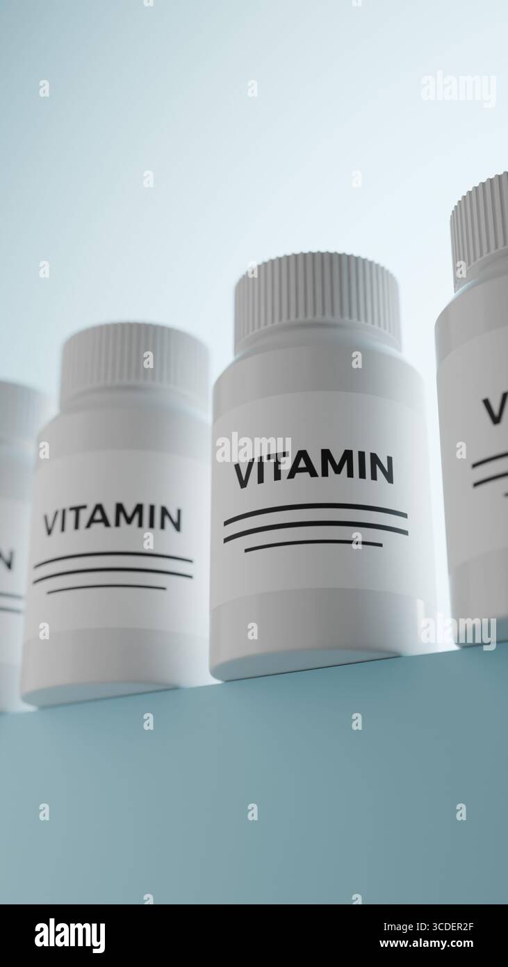 Three white vitamin supplement bottles positioned together on a light ...