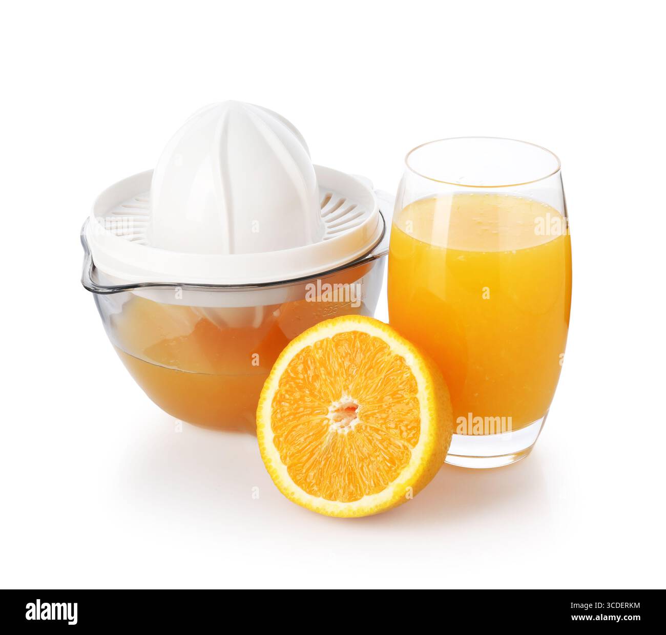 Tasty orange juice, cut fresh fruit and juicer isolated on white Stock ...