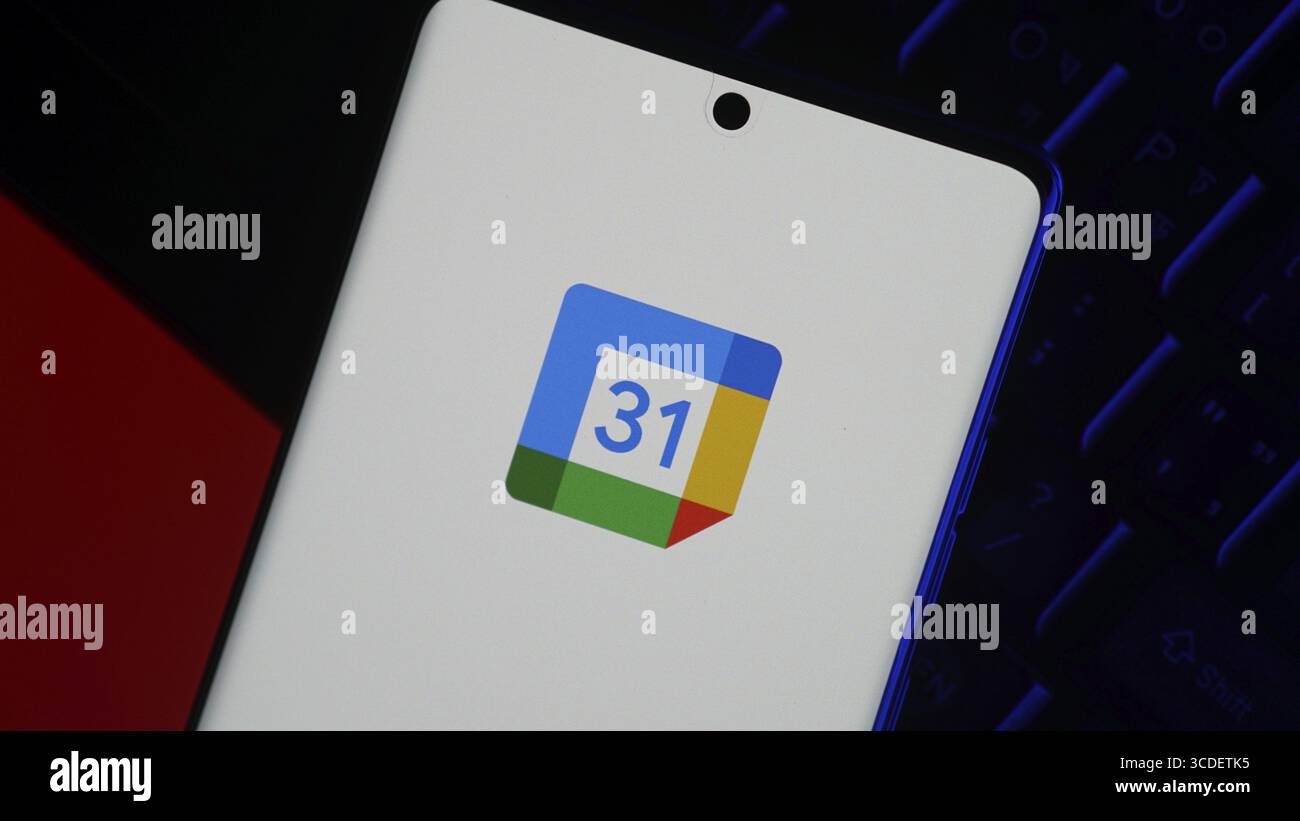 A smartphone displays the Google Calendar app icon with a clean, white ...