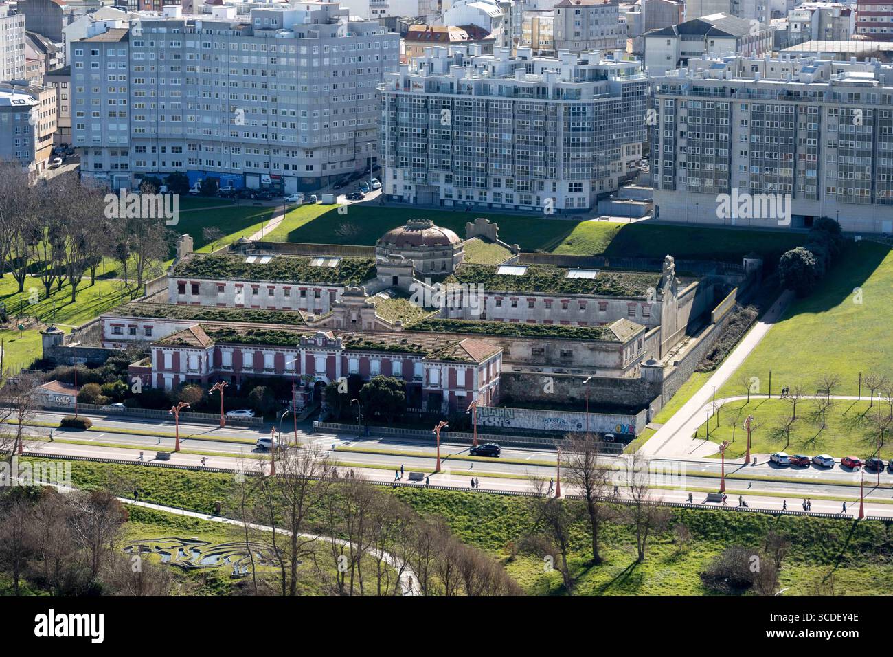 Aerial view of a historic prison in A Coruna, Spain surrounded by ...