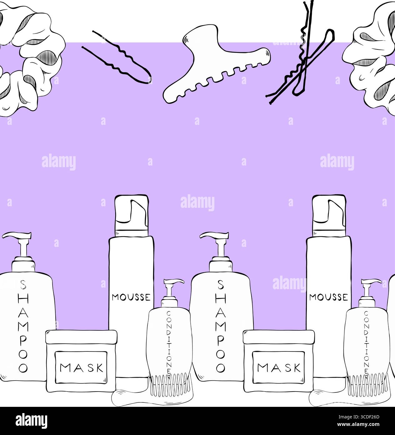 Cosmetics containers bottles and hair clips Salon seamless horizontal ...