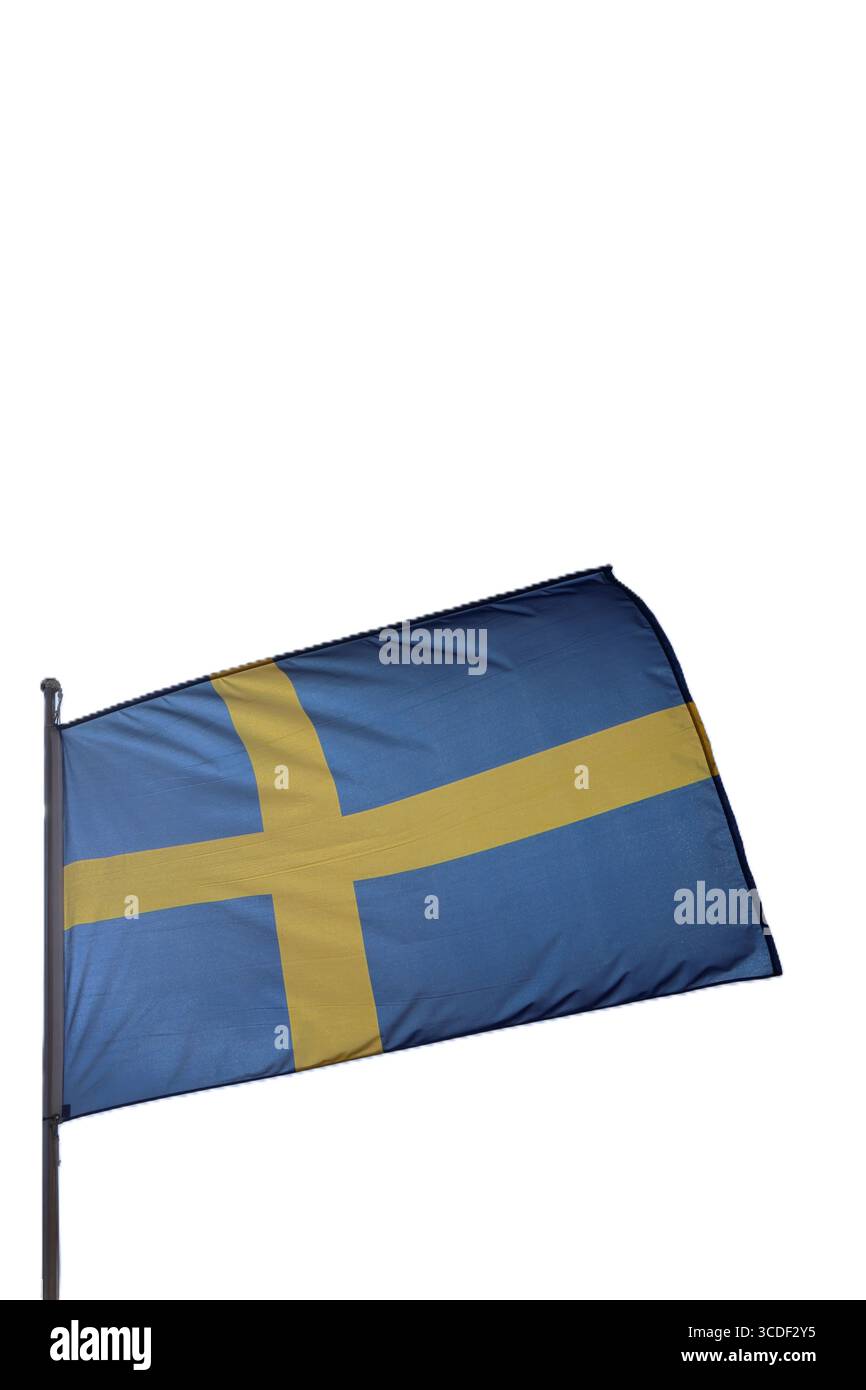 Swedish national flag with yellow cross on blue field waving in the ...