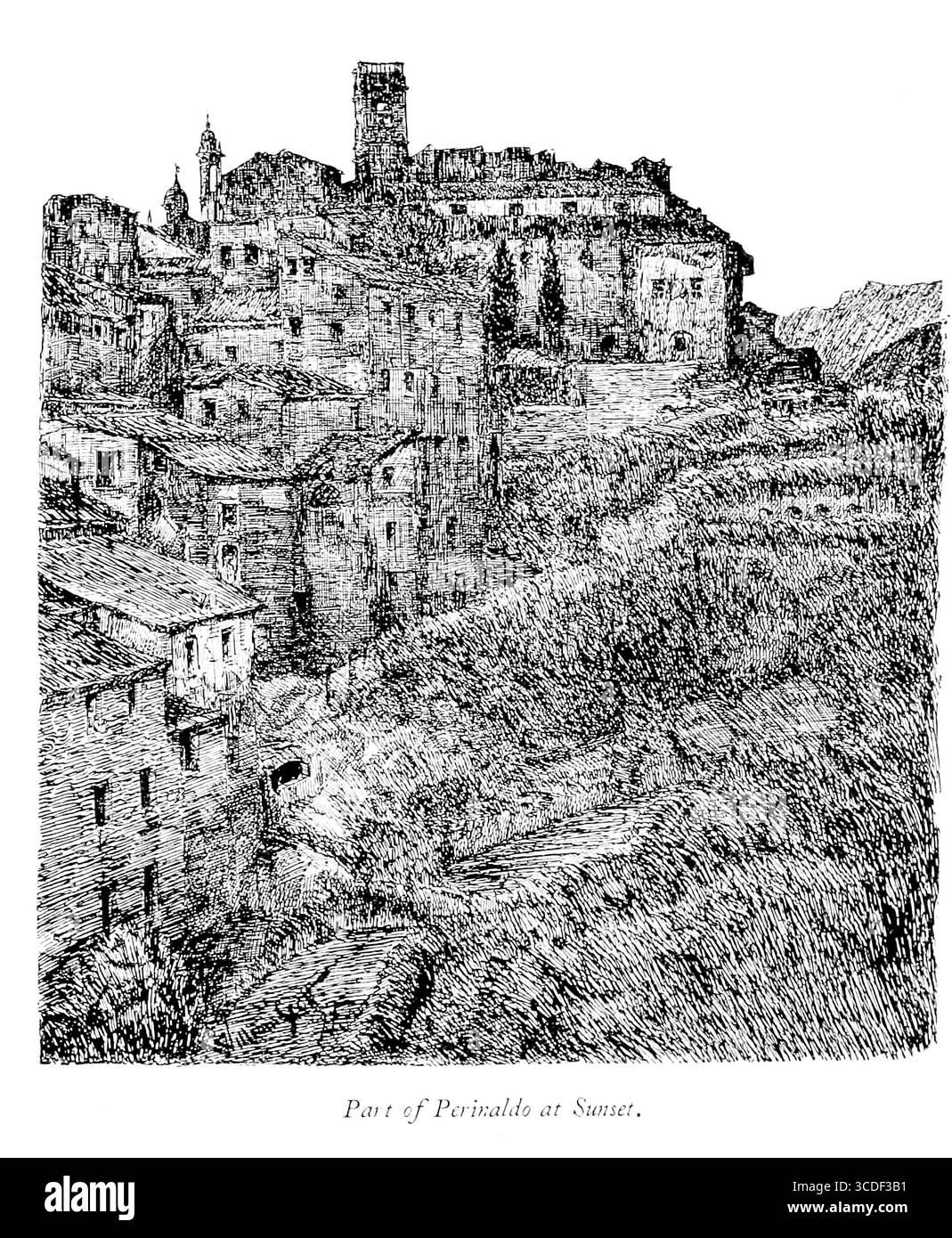 Perinaldo at sunset Province of Imperia, Liguria, Italy An illustration ...