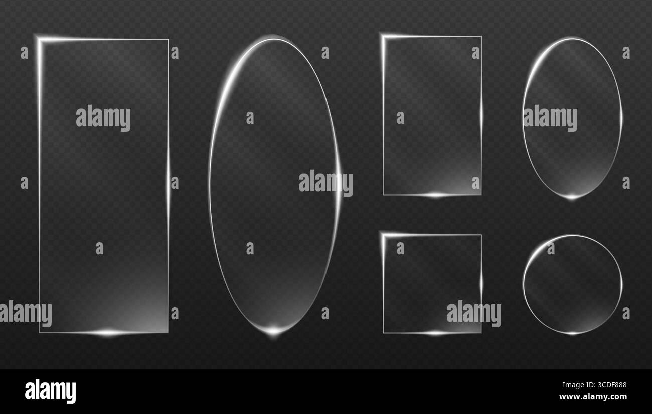 Transparent glass shapes with bright neon outlines. Rectangles circles ...