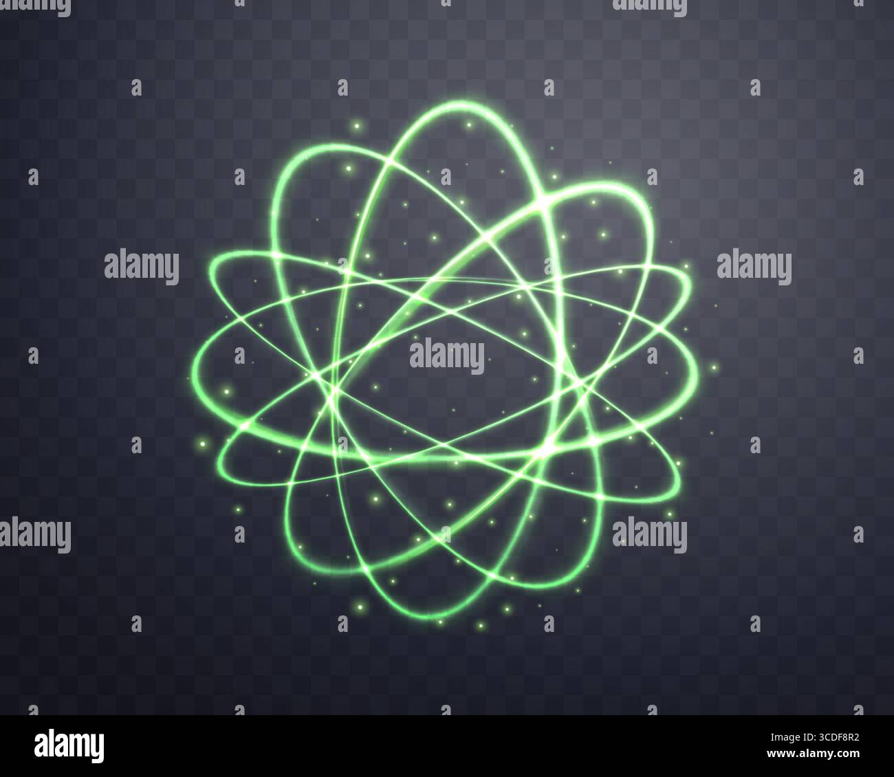 Atom particle, light effect glowing green magic rings. Neon realistic ...