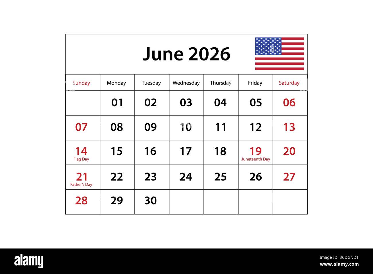 June 2026 Calendar with US Flag and Special Days Stock Vector Image ...