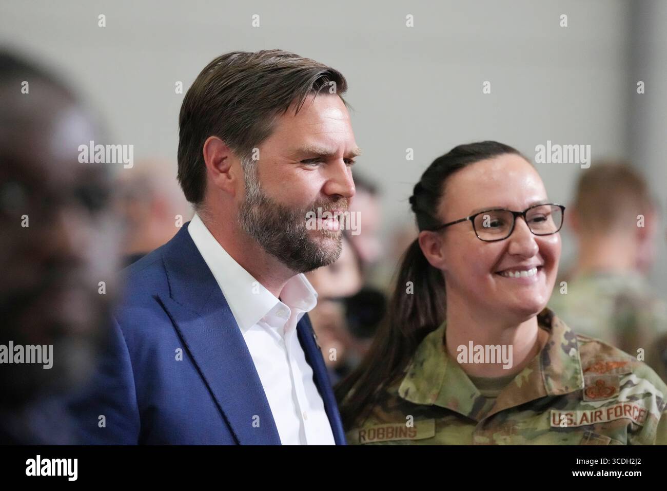 Vice President JD Vance speaks to airmen and family members of the ...