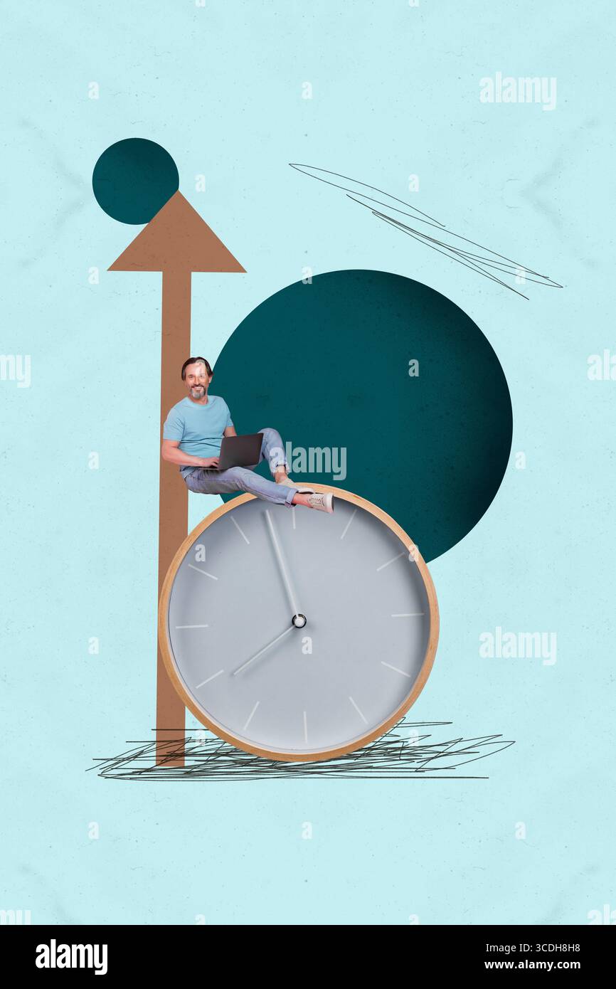 Collage of cheerful business person standing on clock symbolizing ...