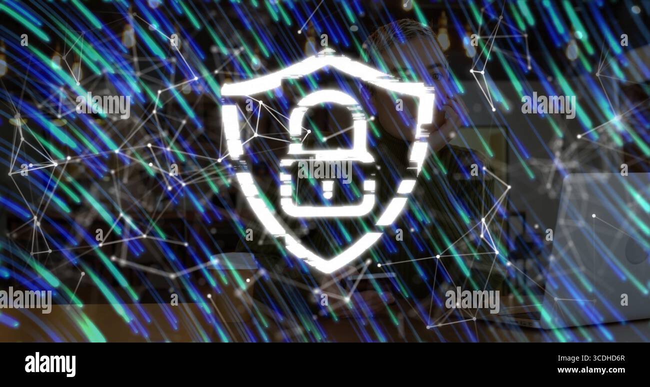 Shining padlock icon within shield outline hovering in network mesh ...