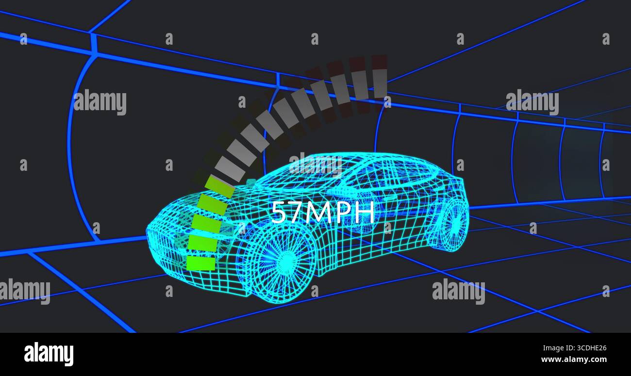 Displaying wireframe car model moving through grid tunnel, with semi ...