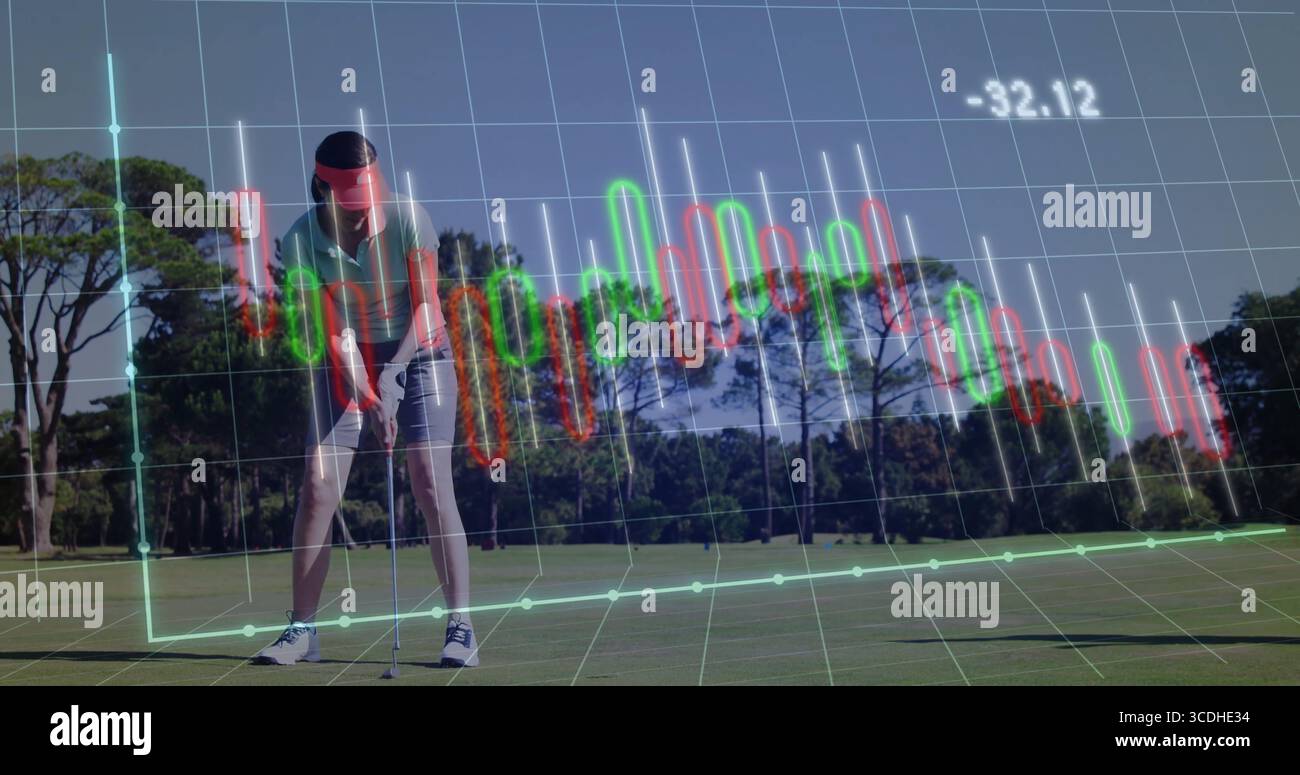 Aligning golfer in polo shirt preparing putt on putting green, with ...