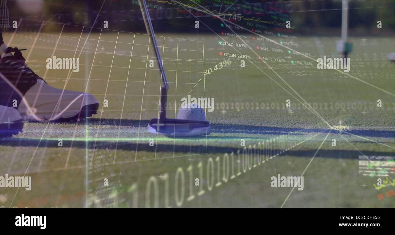 Aligning golf putter head over ball at putting green, with spiked shoe ...