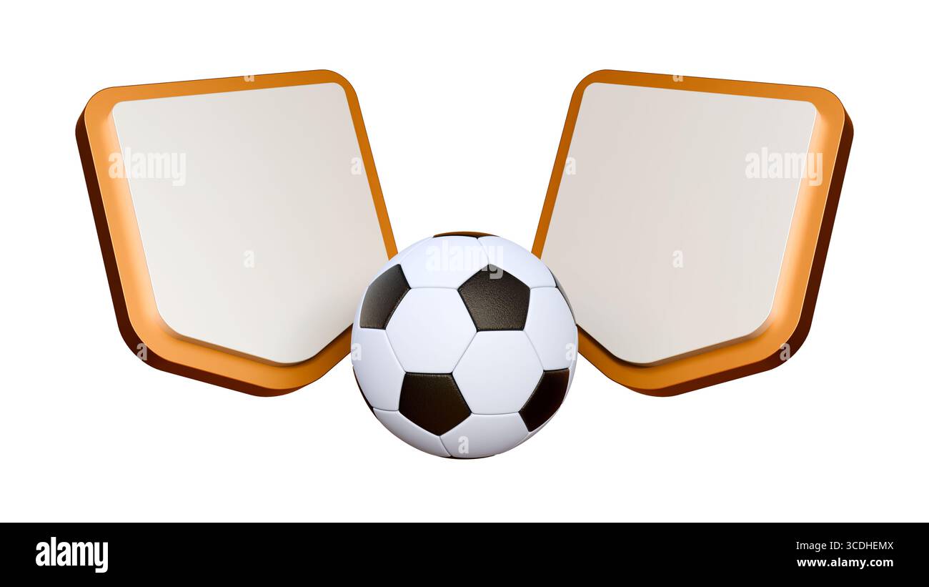 3D illustration of a soccer ball in the middle of two shields isolated ...