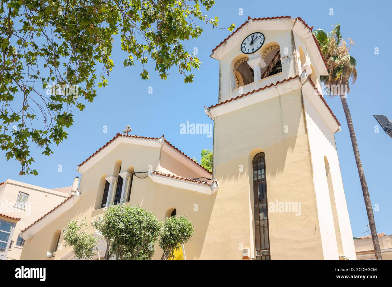 Greek Orthodox Church with Clock Tower under Clear Blue Sky Stock Photo ...