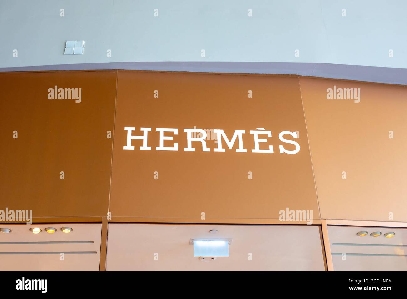 Iconic Hermes logo displayed on a store wall. Thailand, Bangkok - March ...