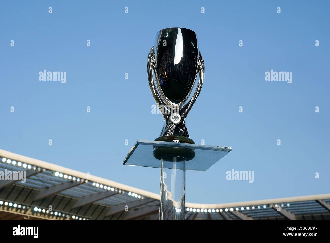 The UEFA Super Cup trophy on display ahead of the UEFA Super Cup final ...
