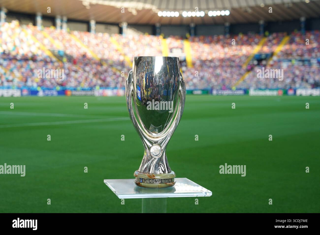The UEFA Super Cup trophy on display ahead of the UEFA Super Cup final ...