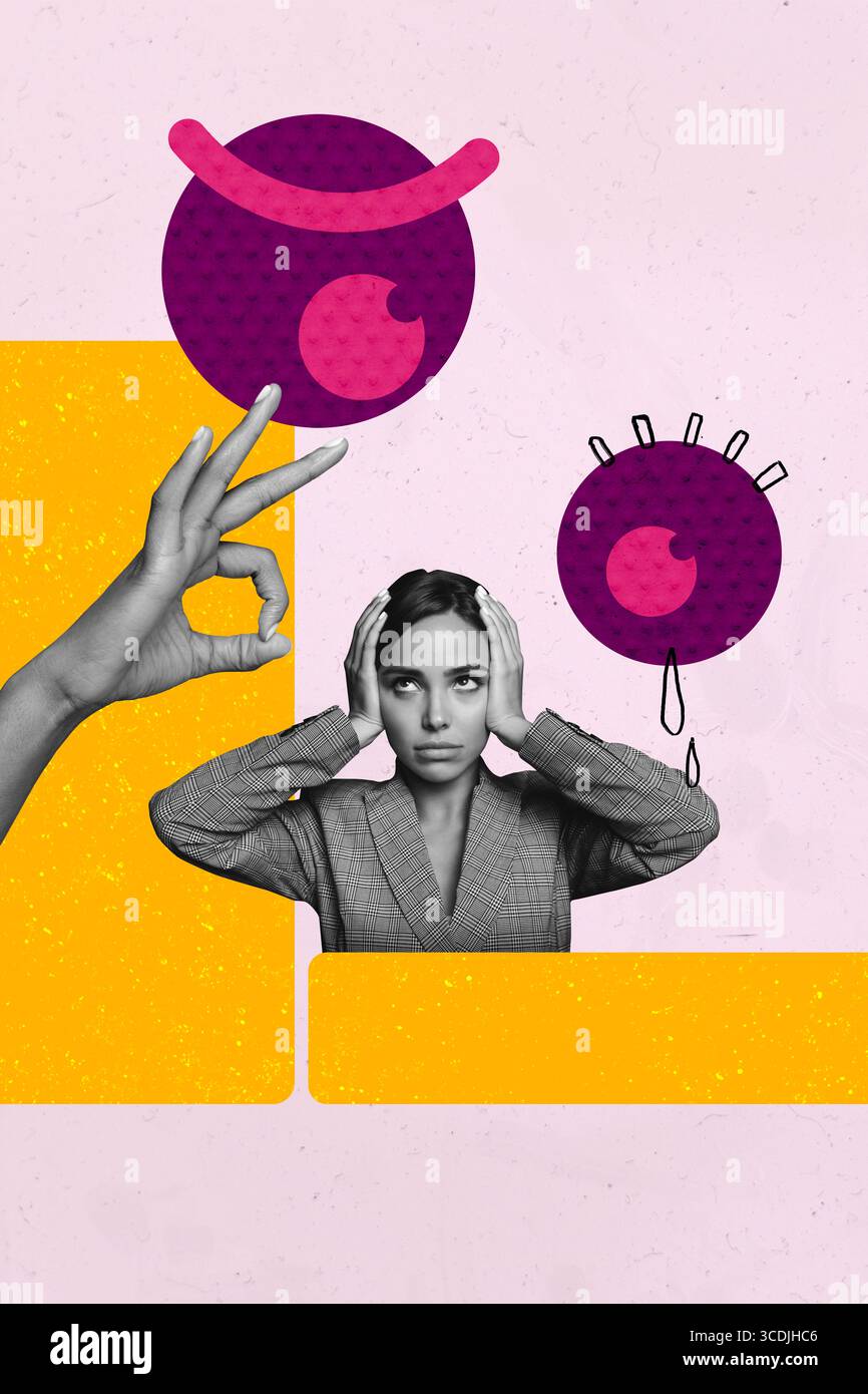 Collage of person standing under symbolic eye representing control ...