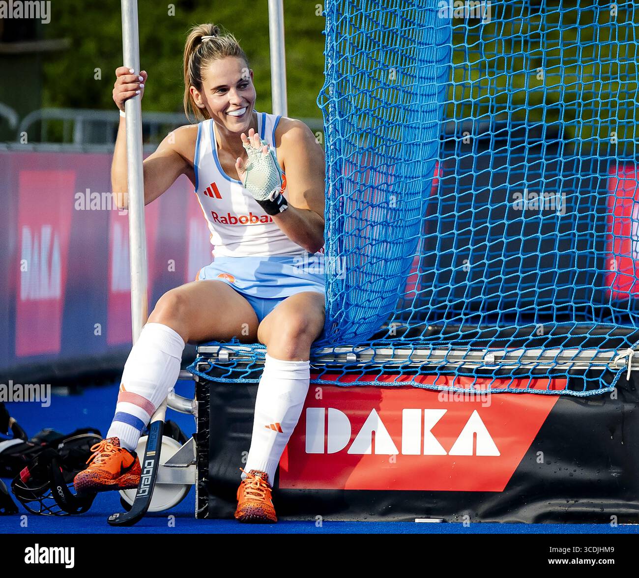 MONCHENGLADBACH - Pien Sanders of the Netherlands hits the net during a ...