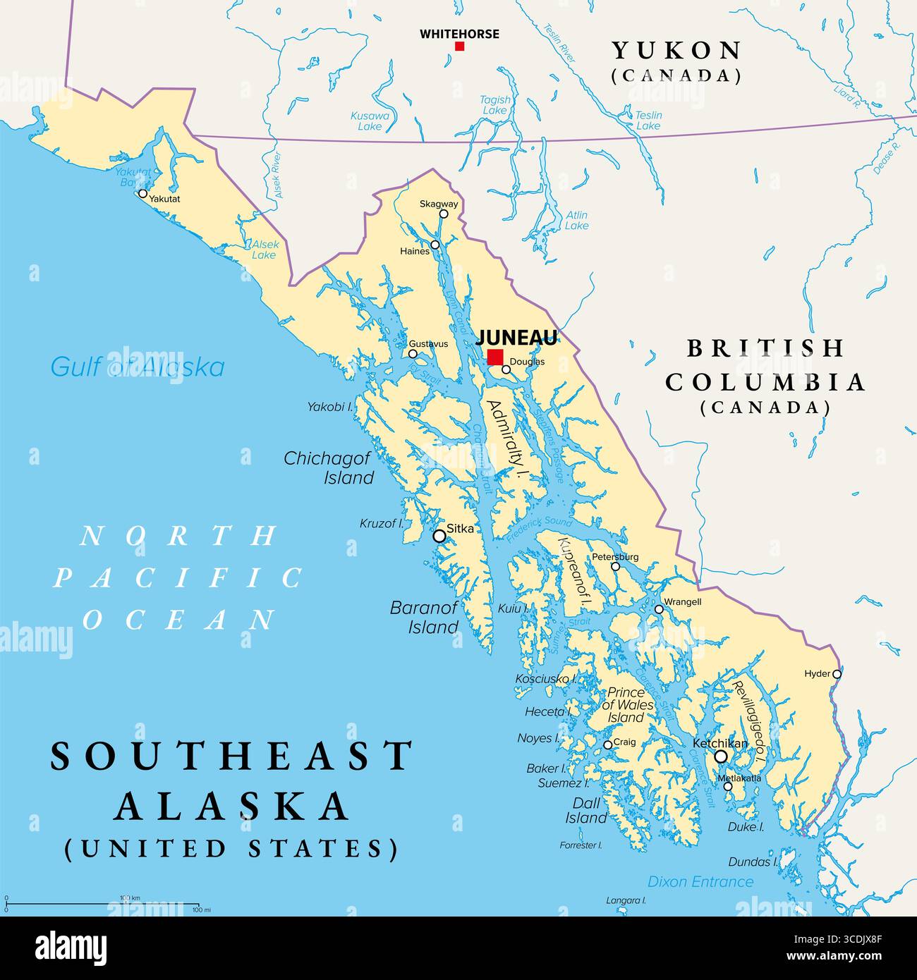 Southeast Alaska, also called Alaskan panhandle, political map. Region ...