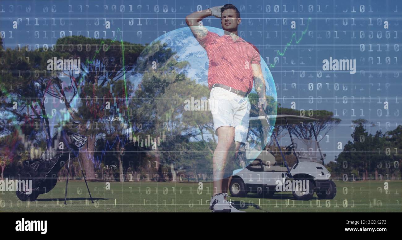 Golfer in red polo shielding eyes and scanning fairway, with golf club ...