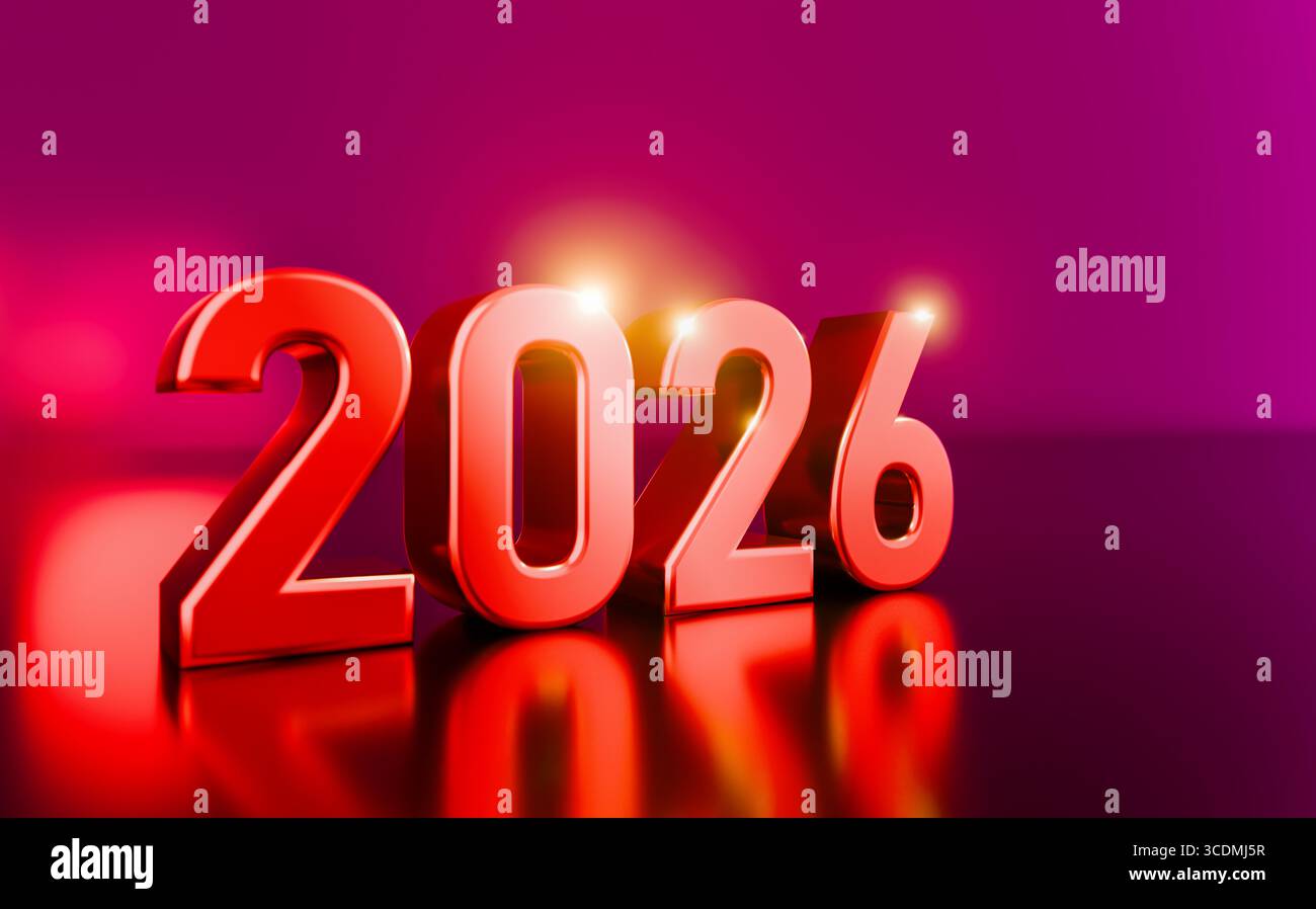 Glowing red year 2026 numbers with reflection on a vibrant purple and ...