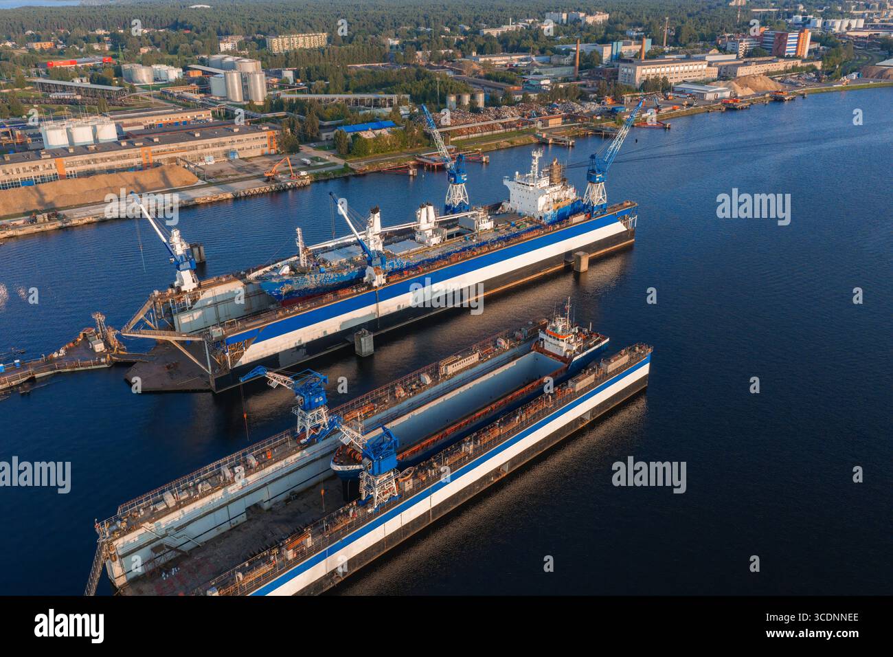 Shipyard with Floating Dry Docks and Blue Cranes in Riga, Latvia Stock ...