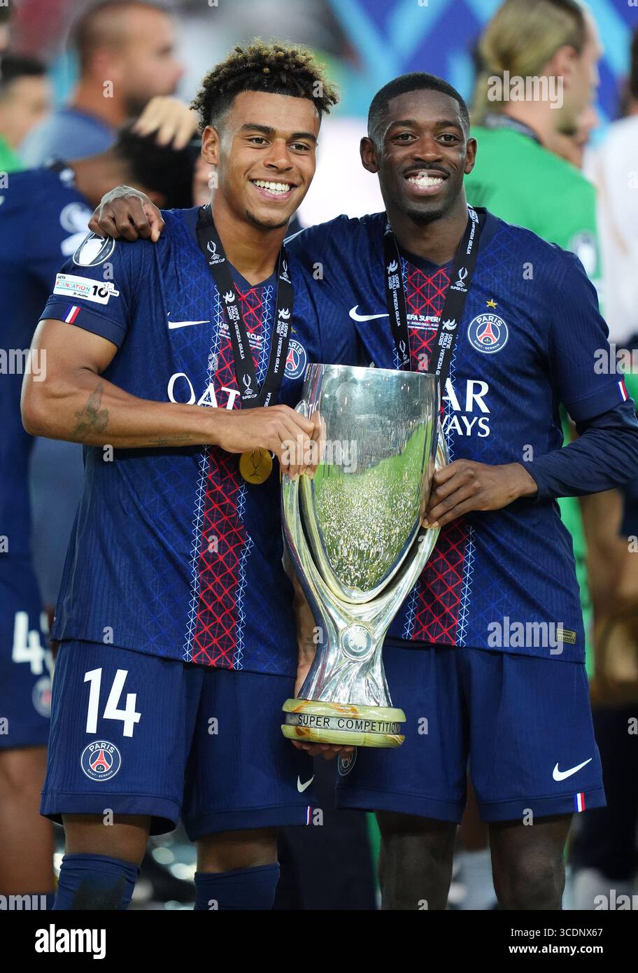 Paris Saint-Germain's Desire Doue (left) and Ousmane Dembele with the ...