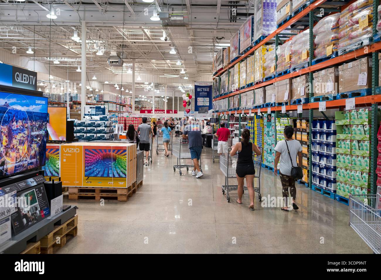 People pushing shopping carts inside Costco Wholesale pass racks piled ...